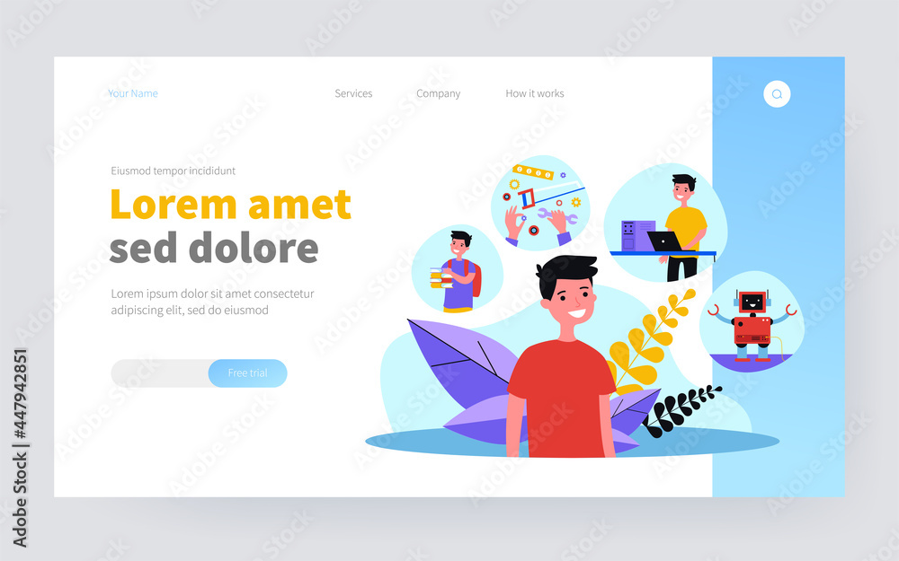 Boy planning steps of robot creation. Studying, using tools ...