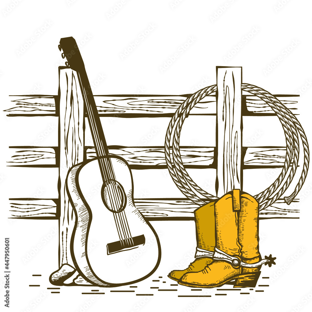 Western country music poster with cowboy clothes and music guitar ...