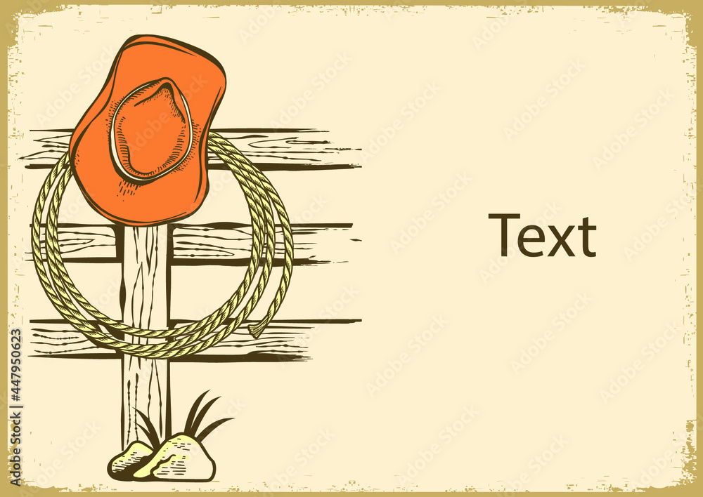 Cowboy American ranch background with cowboy hat and lasso on wood ...