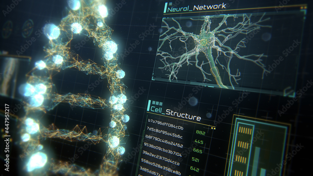 Rotating digital DNA strand on futuristic display with infographics ...