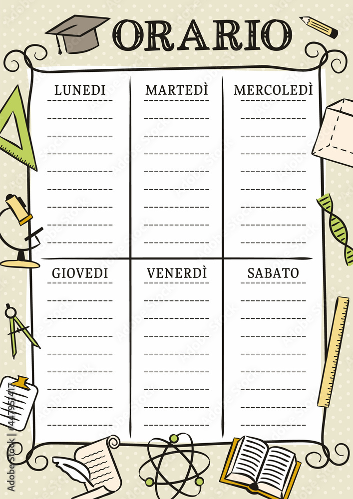 Italian Vintage Template of a school schedule for 6 days of the week ...