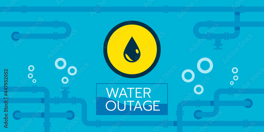 The water outage web banner has a yellow round sign with a drop symbol ...