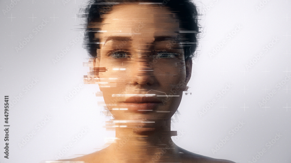 Distorted high-tech scanning of the face and retina of a beautiful 3D ...