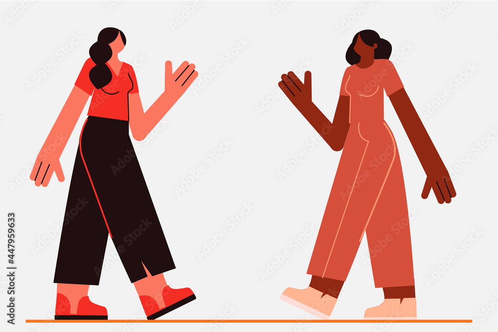 Two women saying hi to each other. Character design. Flat illustration ...