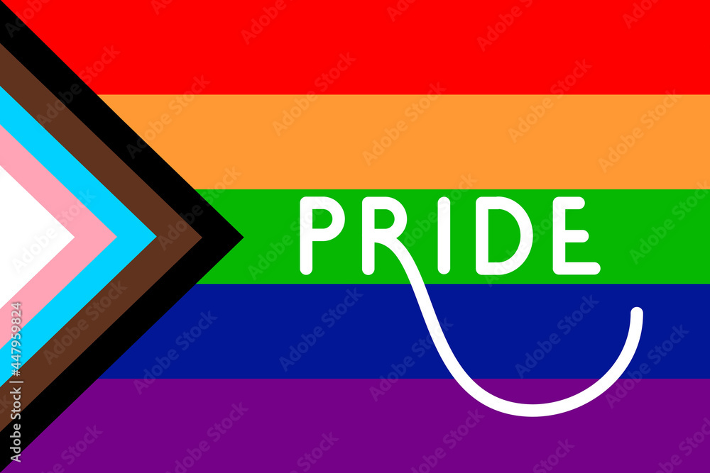 Word pride lettered on progress pride flag. Diversity, LGBTQ+, equality ...