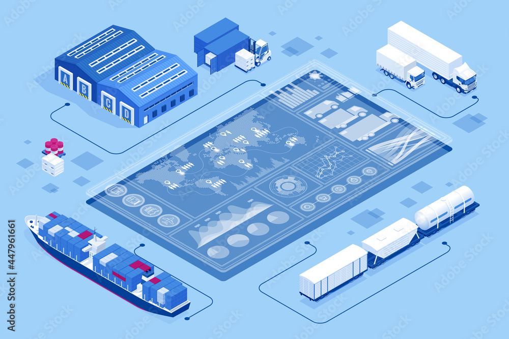 Isometric Global logistics network concept. Interactive panel for ...