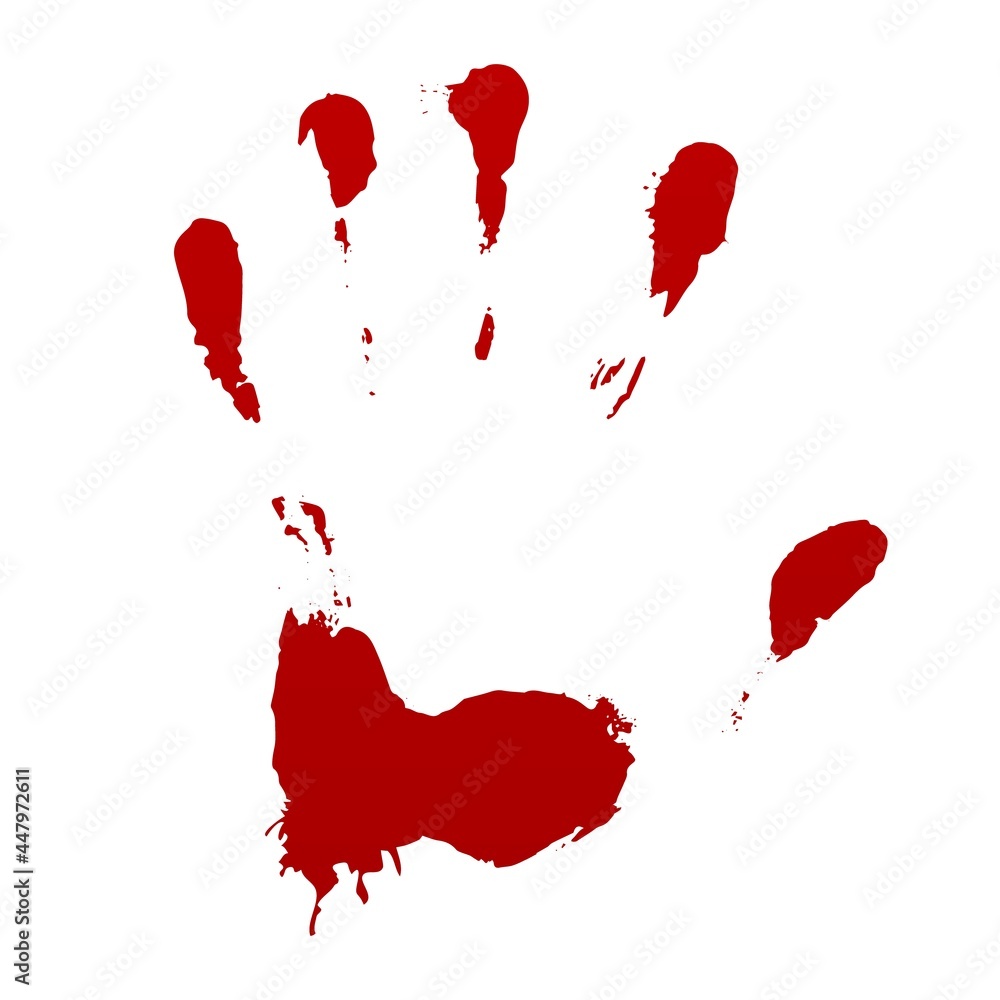 Overwritten bloody handprint icon. Terrible red wiped traces of murder ...