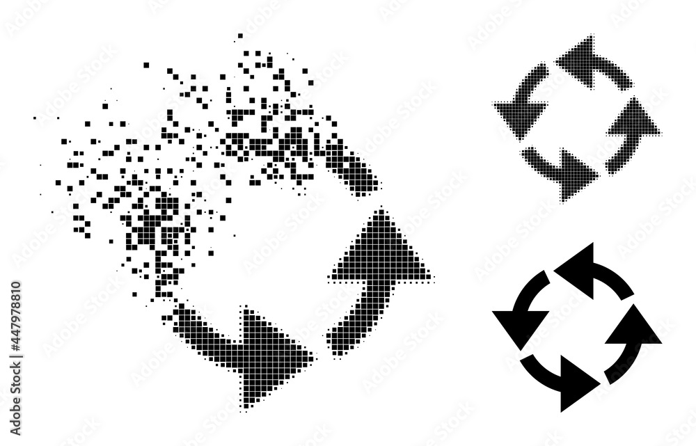 Fragmented pixelated recycle icon with destruction effect, and halftone ...