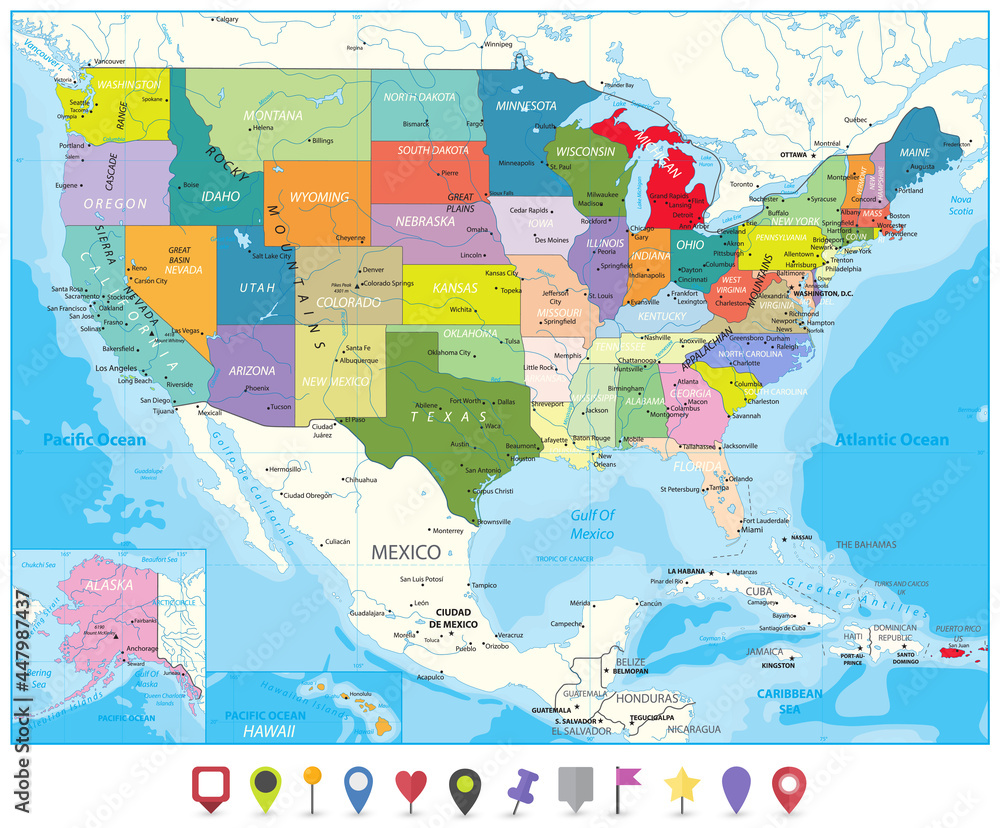 Political Map of USA and Flat Map Pointers Stock Vector | Adobe Stock