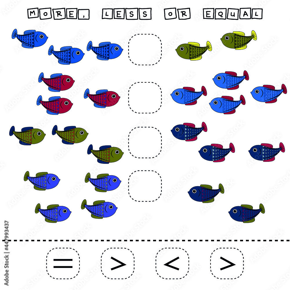 Which is greater, less or equal game with funny fishes. Worksheet for ...