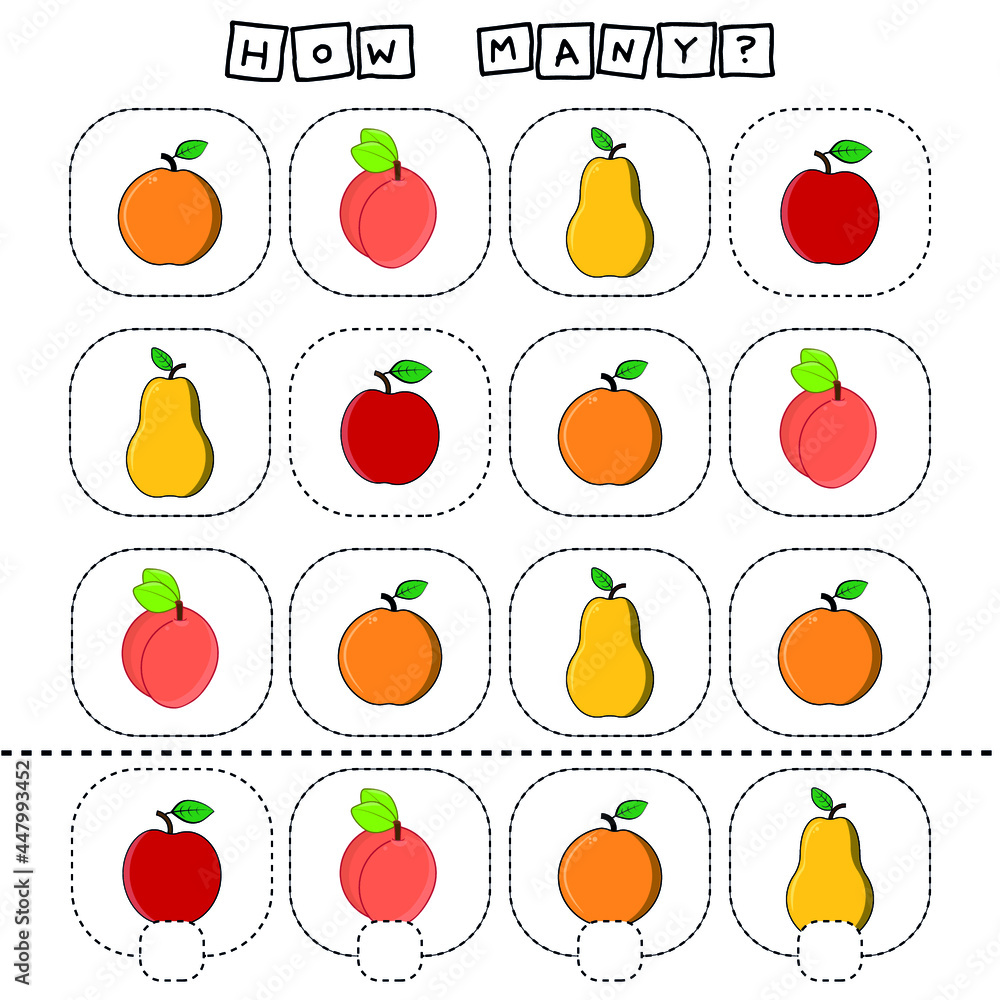 How many counting game with fruites orange, apple, peach, pear ...