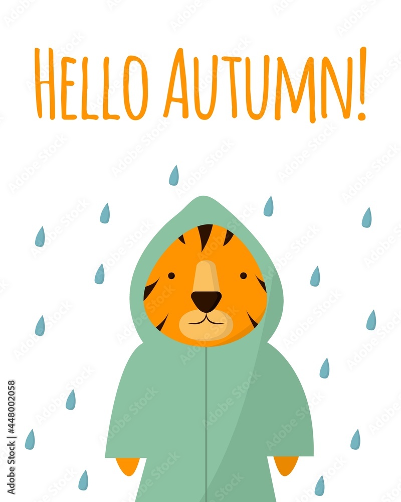 Vector Postcard, Hello Autumn. Autumn card with a tiger in a green ...