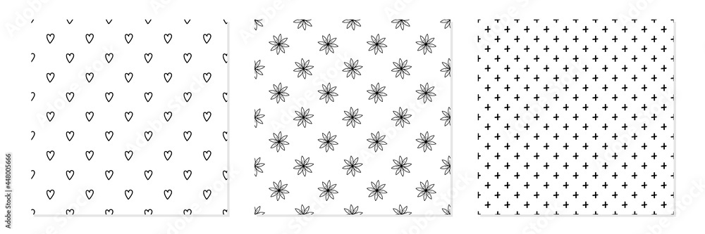 Set, collection of three vector seamless pattern backgrounds with black ...