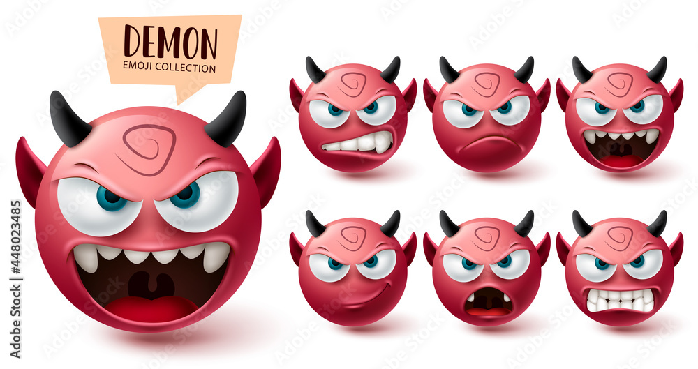 Smileys demon emoji vector set. Smiley emojis halloween red mascot ...