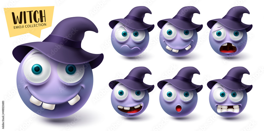 Smileys witch emoji vector set. Smiley emojis halloween character icon ...