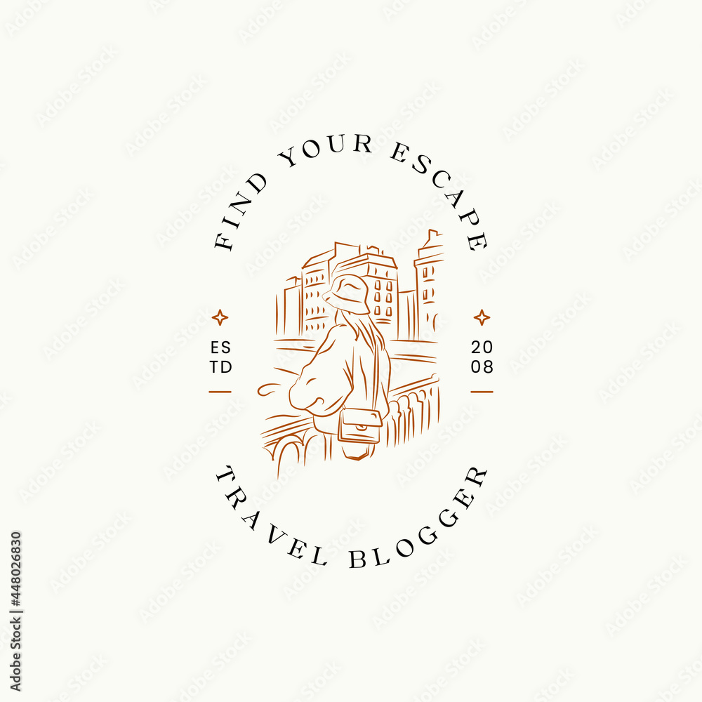 Hand drawn line art minimal travel vector logo design template ...