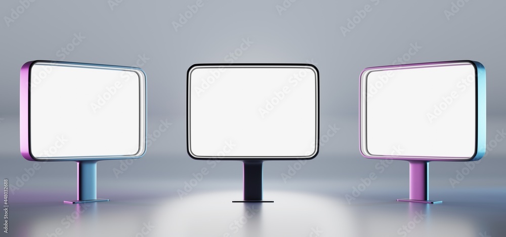 Blank billboards displays, front and side view. White LCD screen ...
