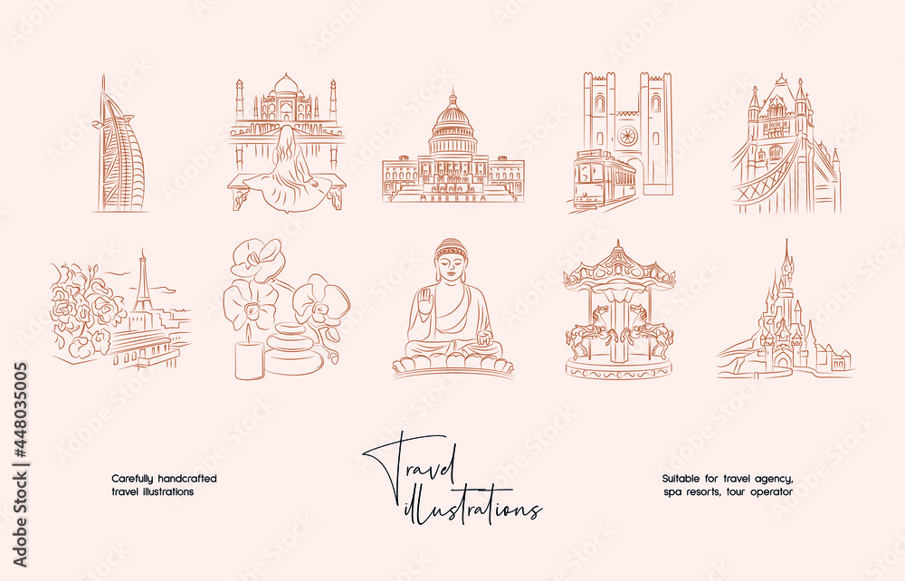 Hand drawn line art minimal travel vector illustration collection ...