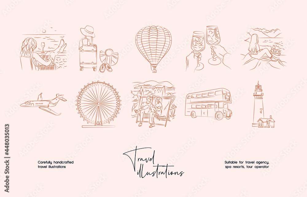 Hand drawn line art minimal travel vector illustration collection ...
