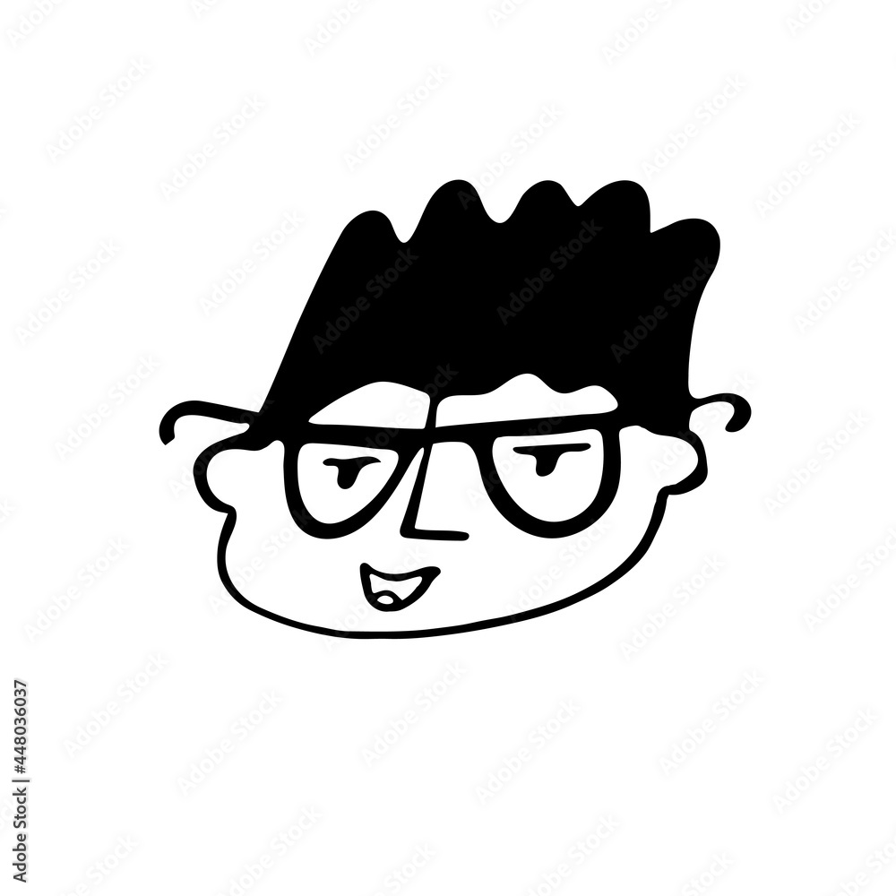 Hand drawn face of smart boy with glasses in black and white doodle ...