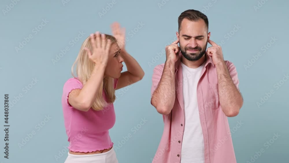 Young couple two friends family in pink clothes together man closes ...