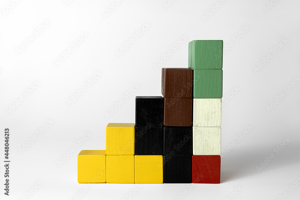 A staircase made of multicolored cubes of various geometric shapes ...