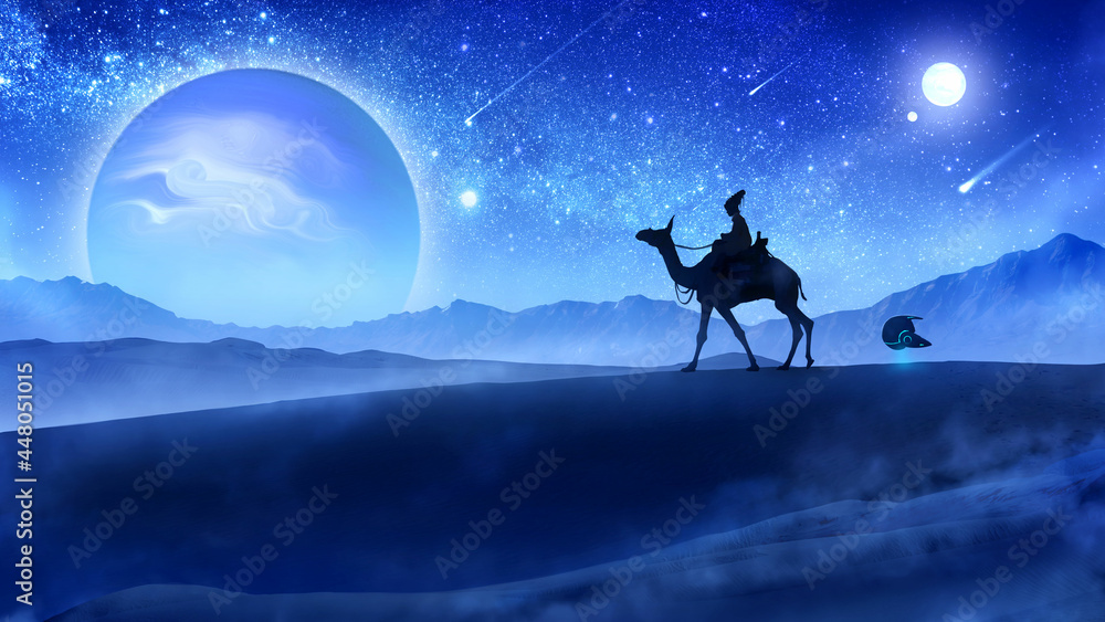 A black silhouette of a girl riding an unusual camel with funny ears ...