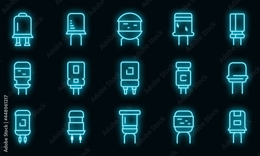 Capacitor icons set. Outline set of capacitor vector icons neon color ...