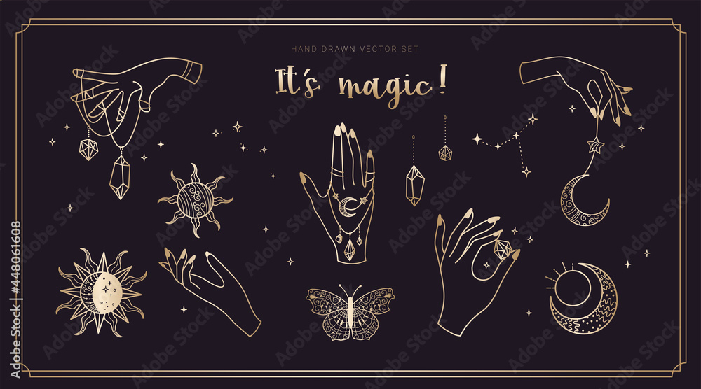 Set of magic hands with crystals and celestial symbols, trendy doodle ...