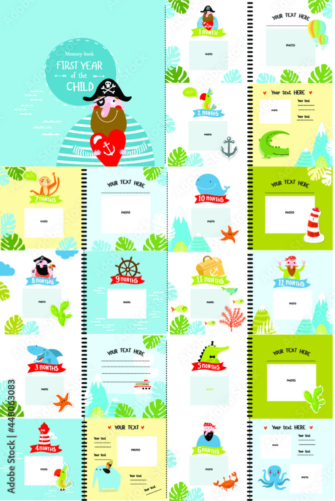 Vetor de A photo book with cartoon characters for children, the "first ...