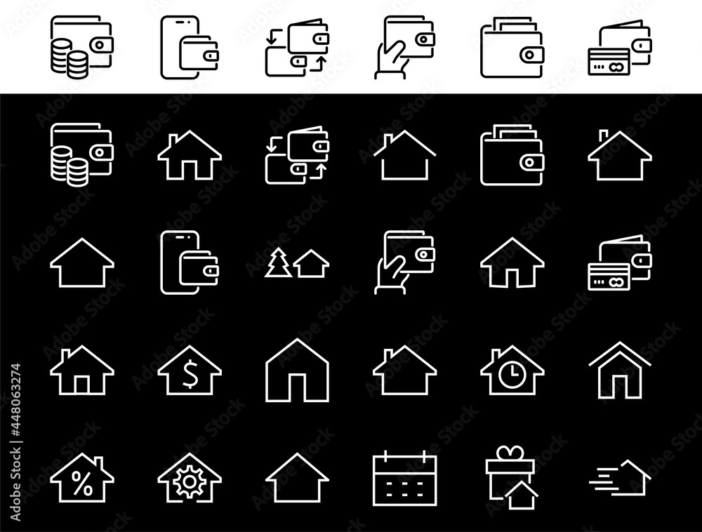 Simple set of line vector home icons. Contains house symbols at ...