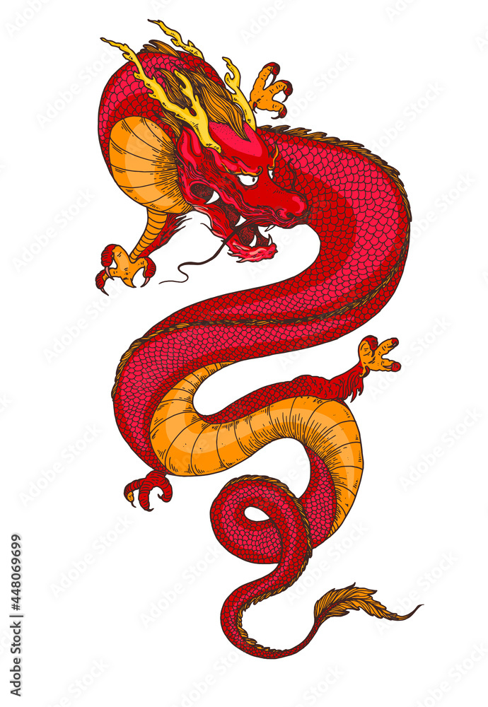 Chinese red dragon hand drawn vector illustration. Tattoo print. Hand ...