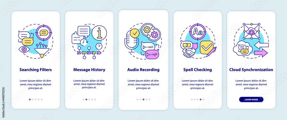 Best messaging feature onboarding mobile app page screen. Chat history ...