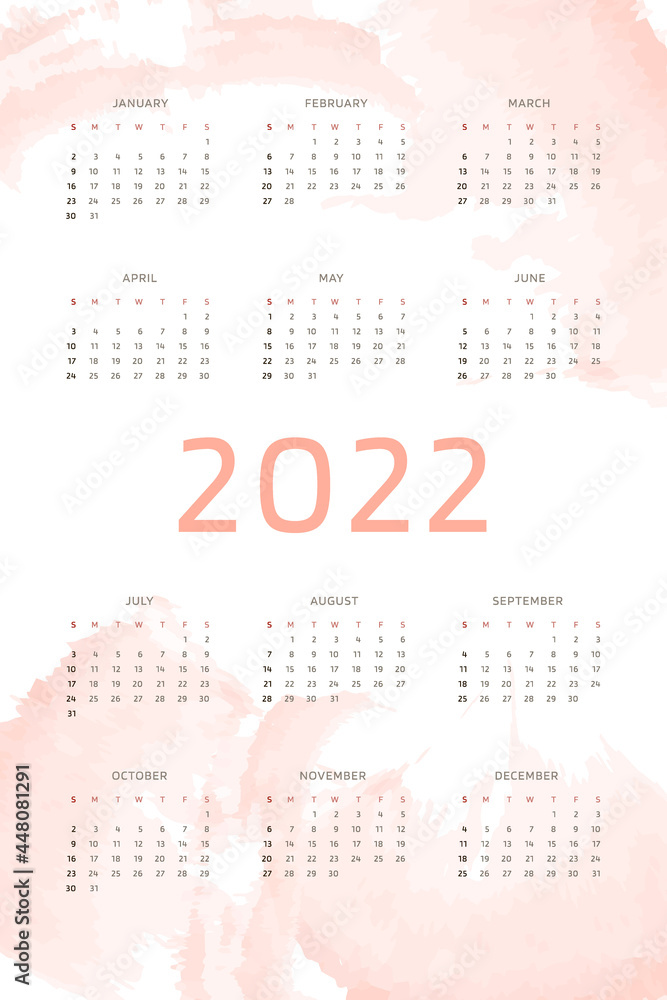 2022 calendar template on coral pink hand drawn background with ...
