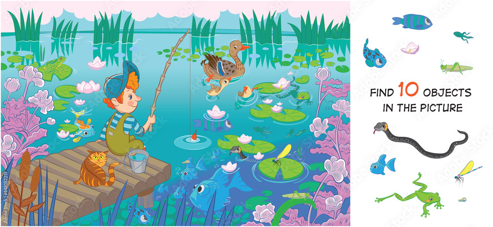 The boy is fishing. Find 10 hidden objects in the picture. Hidden ...