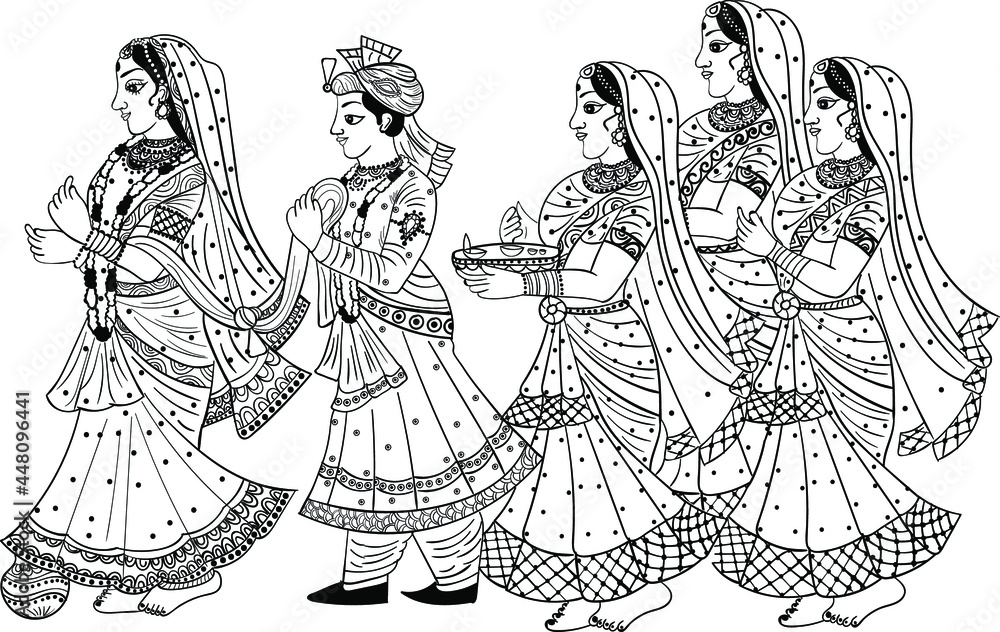 Indian wedding clip art. Indian groom, bride and their friends during ...