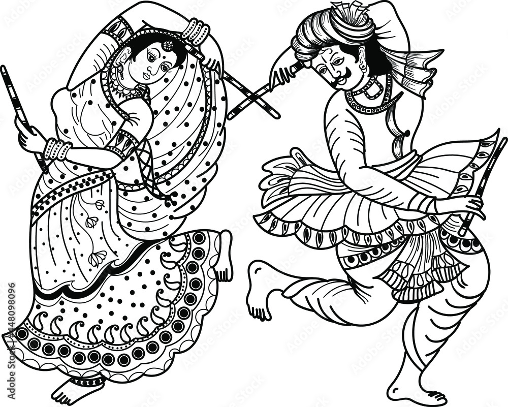 Vetor do Stock: INDIAN MAN AND WOMEN PLAYING DANDIYA. Indian couple playing dandiya dance in ...