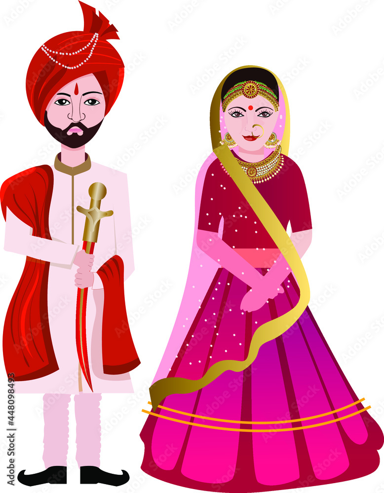 INDIAN GROOM AND BRIDE VECTOR ILLUSTRATION COLOUR FLAT ILLUSTRATION FOR ...