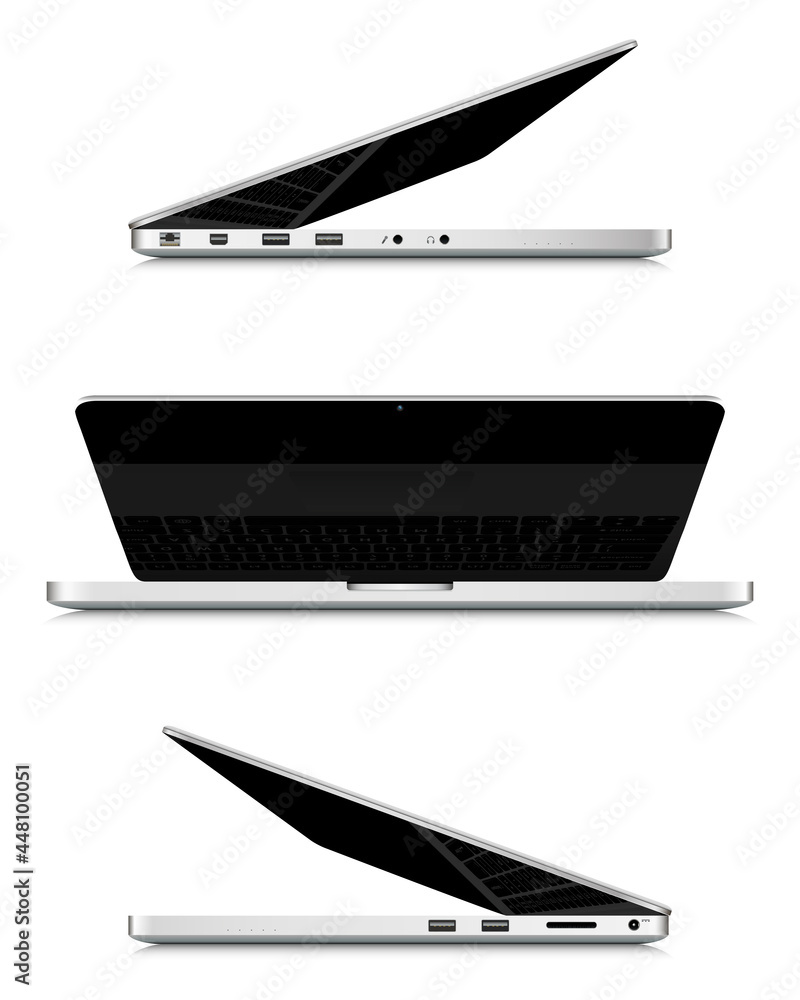 Laptop display mock up, front and side view with half closed screen ...