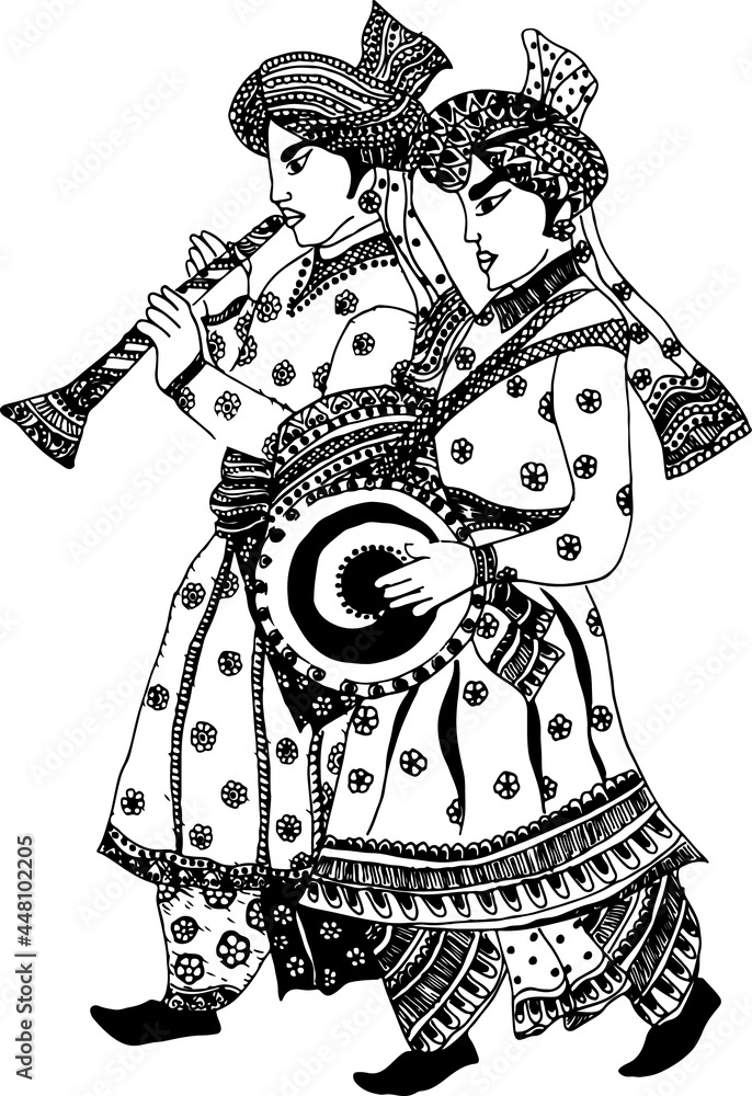 Indian wedding symbol music instrument player with dhol and shehnai ...