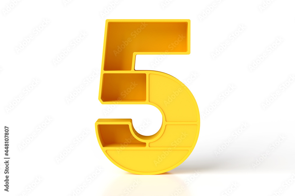Hi-res and realistic plastic lettering render. Number 5 yellow matte ...