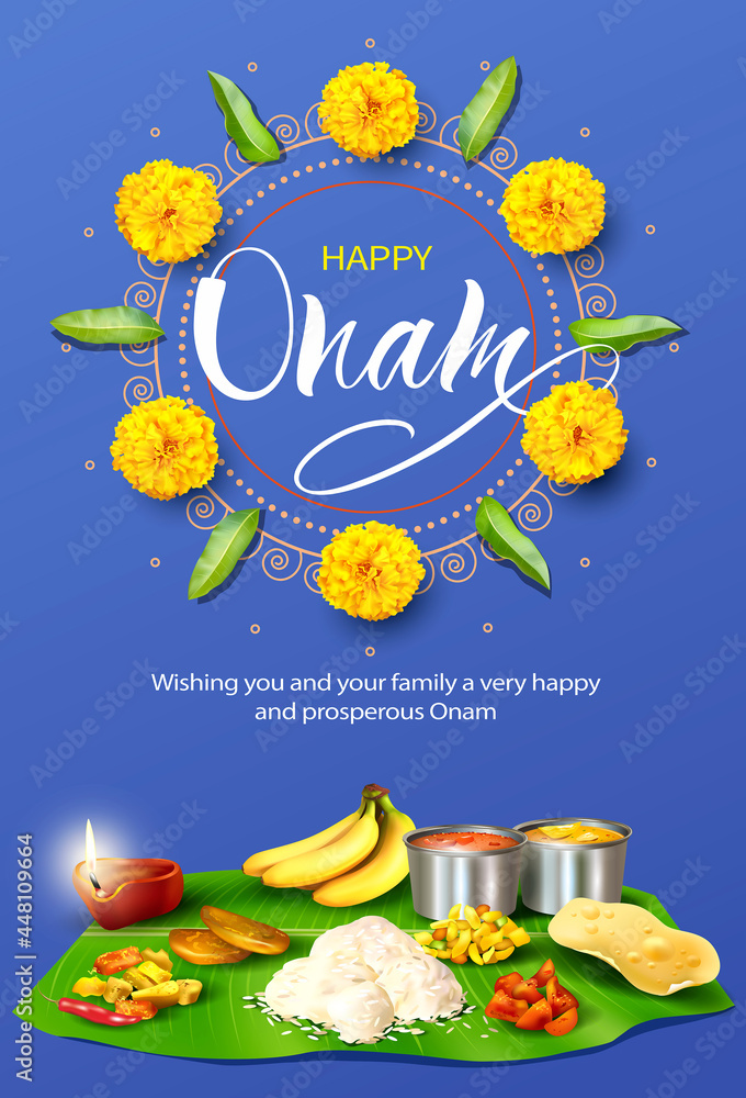 Happy Onam background with rangoli and traditional food (sadya) for ...