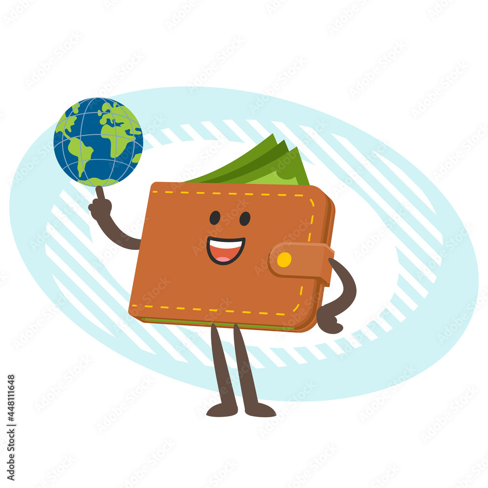 Cartoon Wallet Character holding a planet on his index finger Stock ...