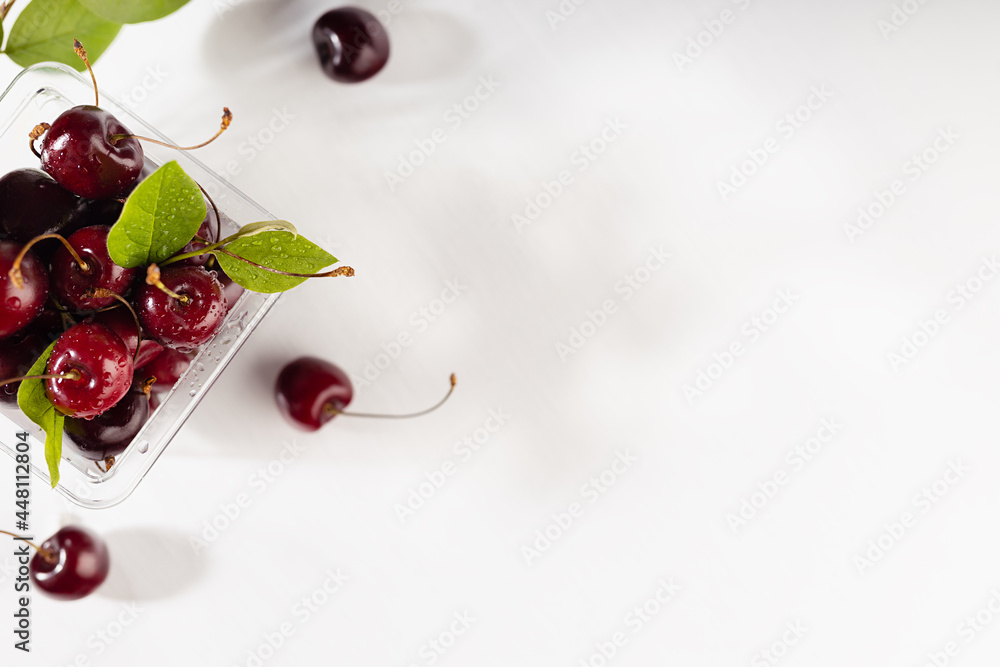 Fruit summer snack - fresh wet ripe red cherries with green leaves in ...