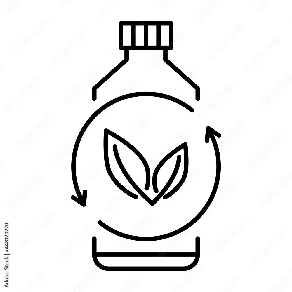 Biodegradable plastic, sign. Icon of plastic bottle with green leaves ...