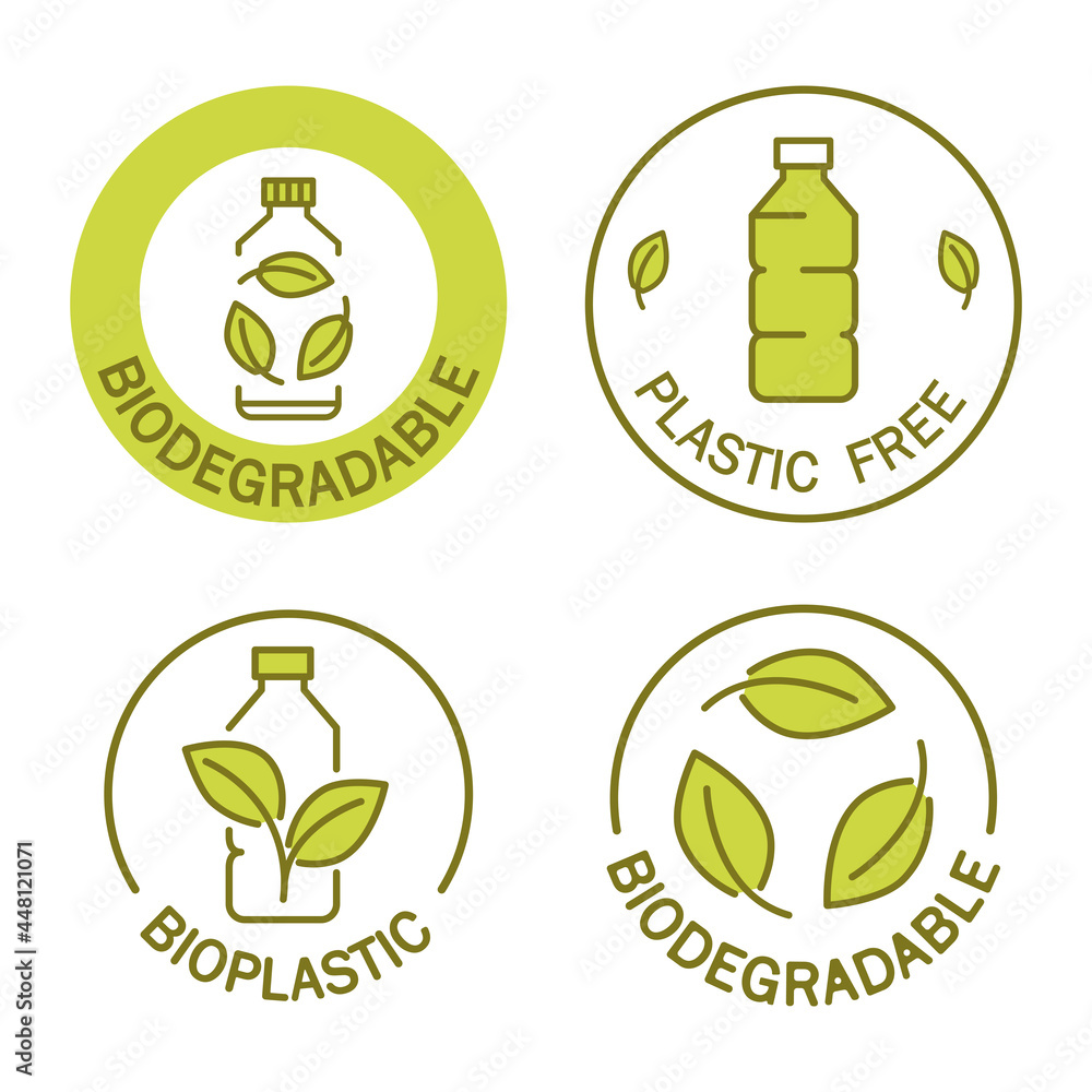 Biodegradable. Icon of plastic bottle with green leaves. Plastic free ...