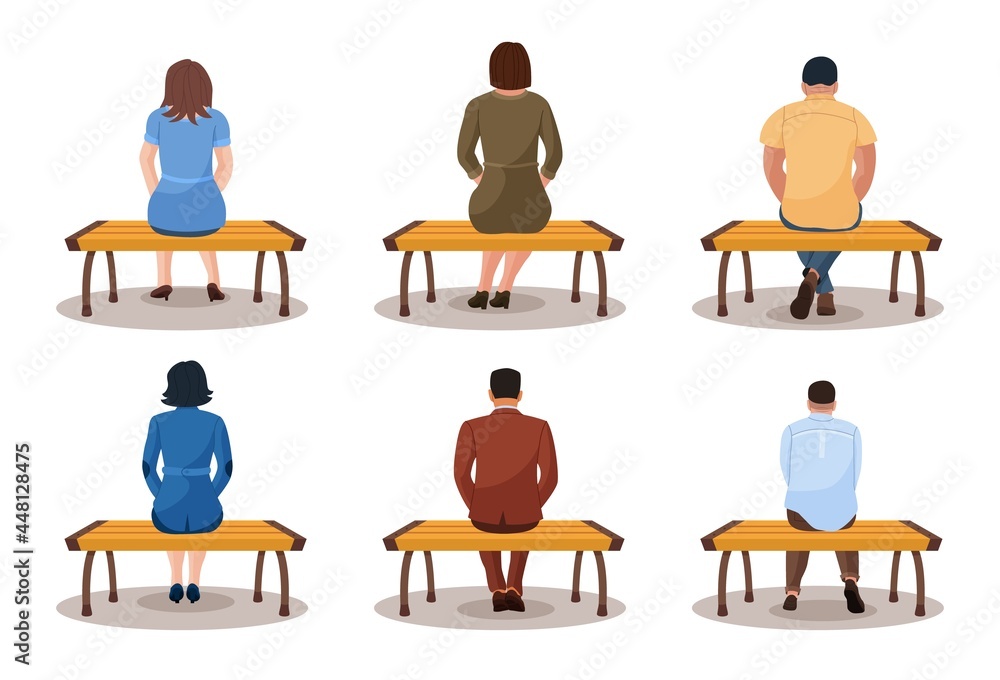 Different people sit on bench set back view. Seated thoughtful or tired ...