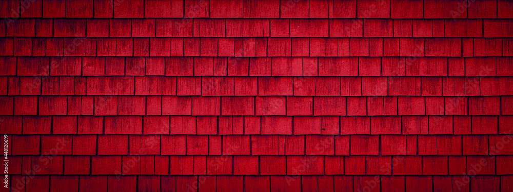 Old abstract red colored painted rustic dark brown wooden shingles wall ...
