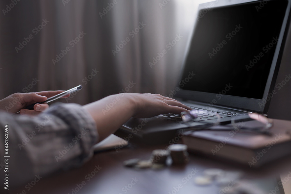 female hands working at the computer. Hand gestures. Study, business ...