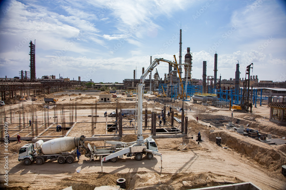 Construction of modern asphaltic bitumen plant. Making reinforcement ...